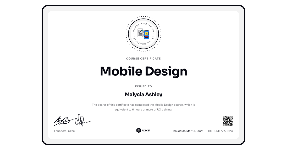 Uxcel Course Certificate of Completion | Uxcel